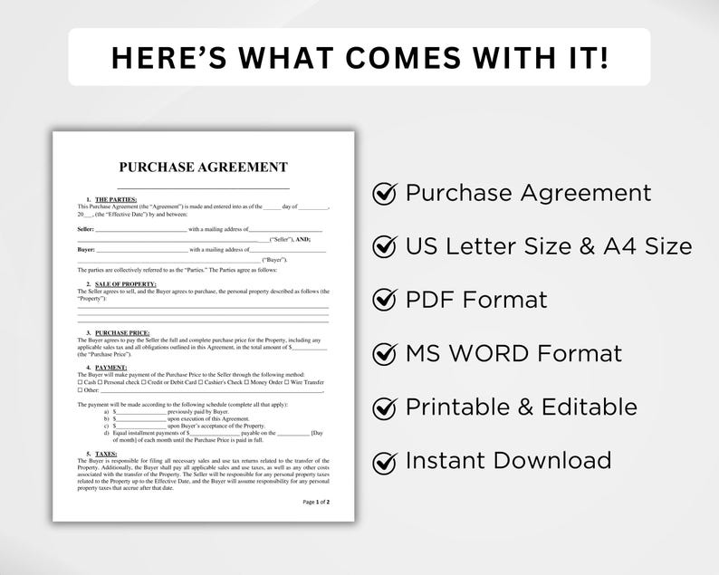 Printable Purchase Agreement Template, Editable Purchase and Sale ...