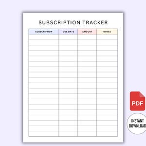 Printable Subscription Tracker Log. Membership Tracking. Monthly ...