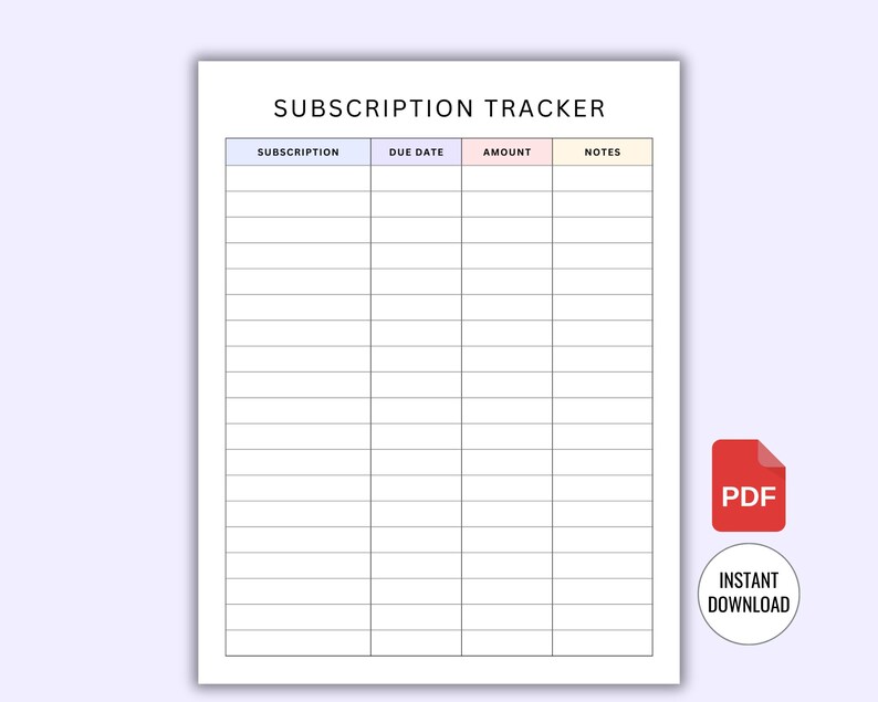 Printable Subscription Tracker Log. Membership Tracking. Monthly ...