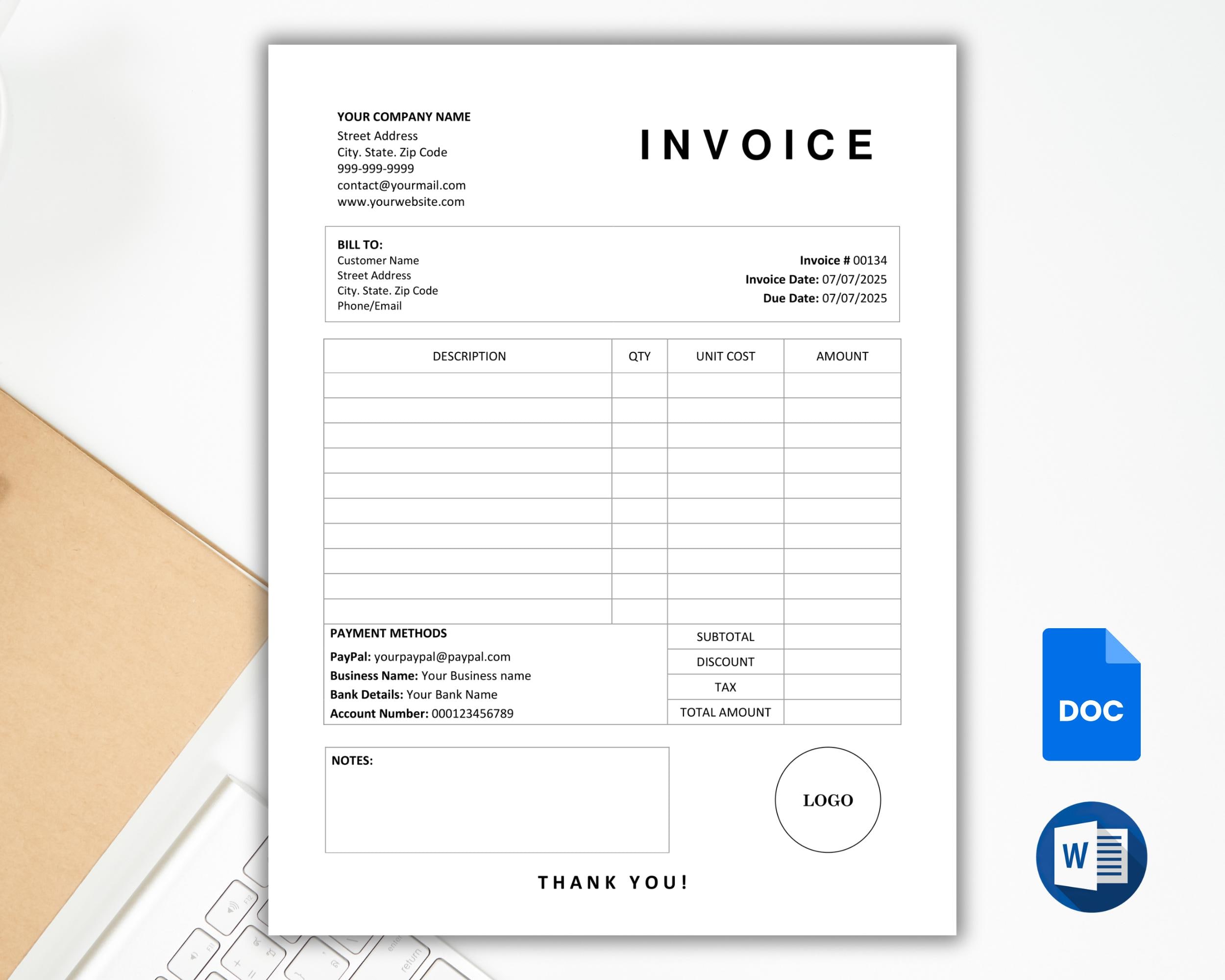 Invoice Template Printable. Professional Business Invoice Form. Modern ...