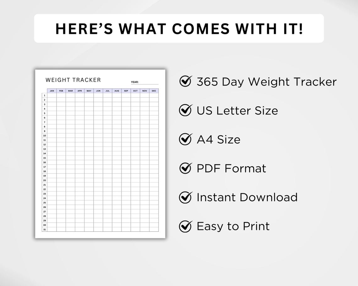 365 Day Weight Loss Tracker Printable, Daily Weight Journal, Weight ...