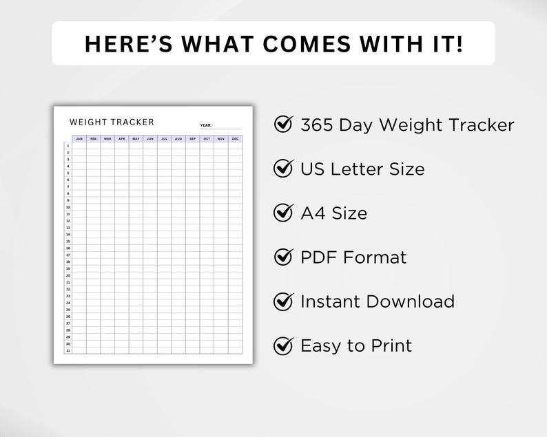 365 Day Weight Loss Tracker Printable, Daily Weight Journal, Weight ...