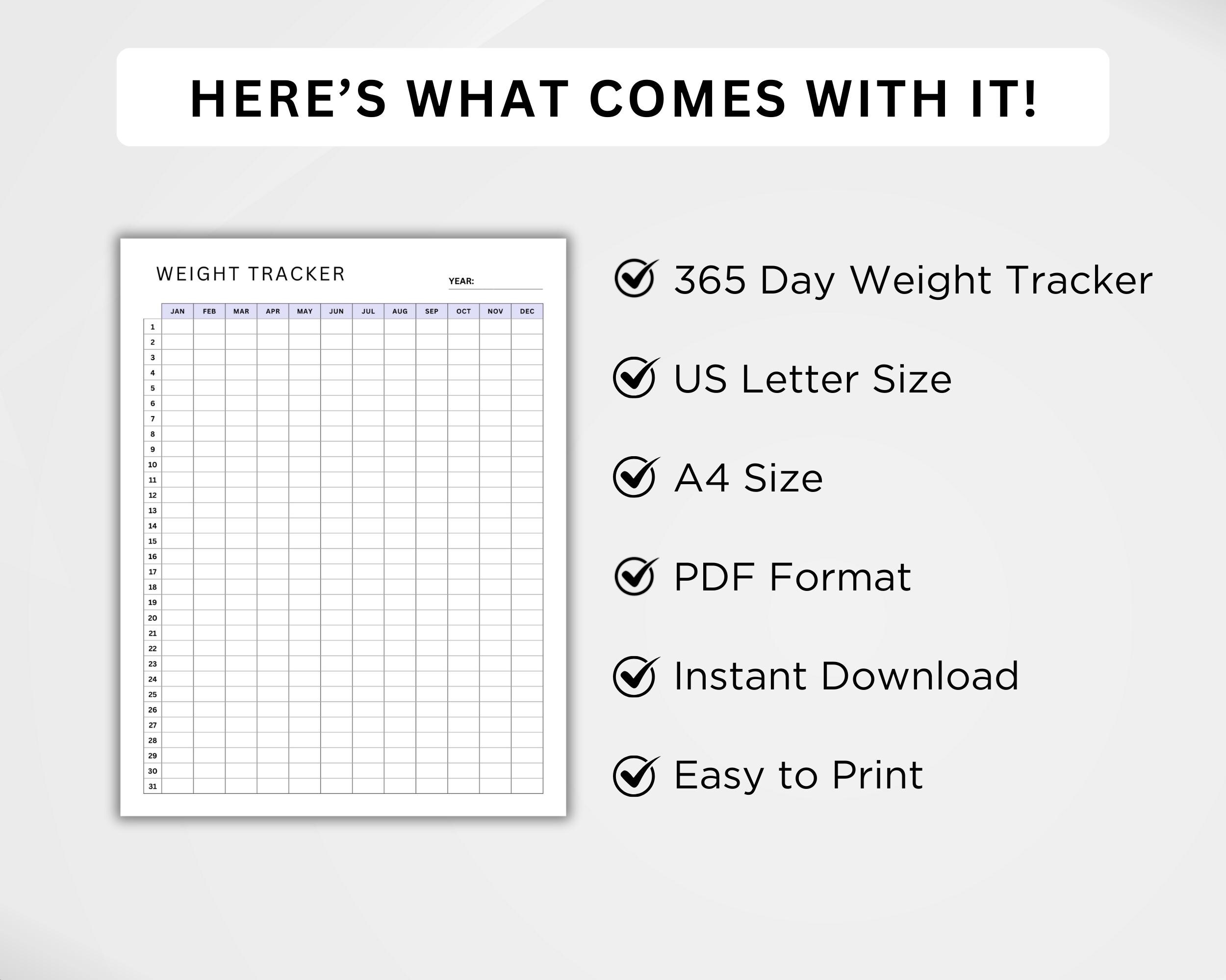 365 Day Weight Loss Tracker Printable, Daily Weight Journal, Weight ...