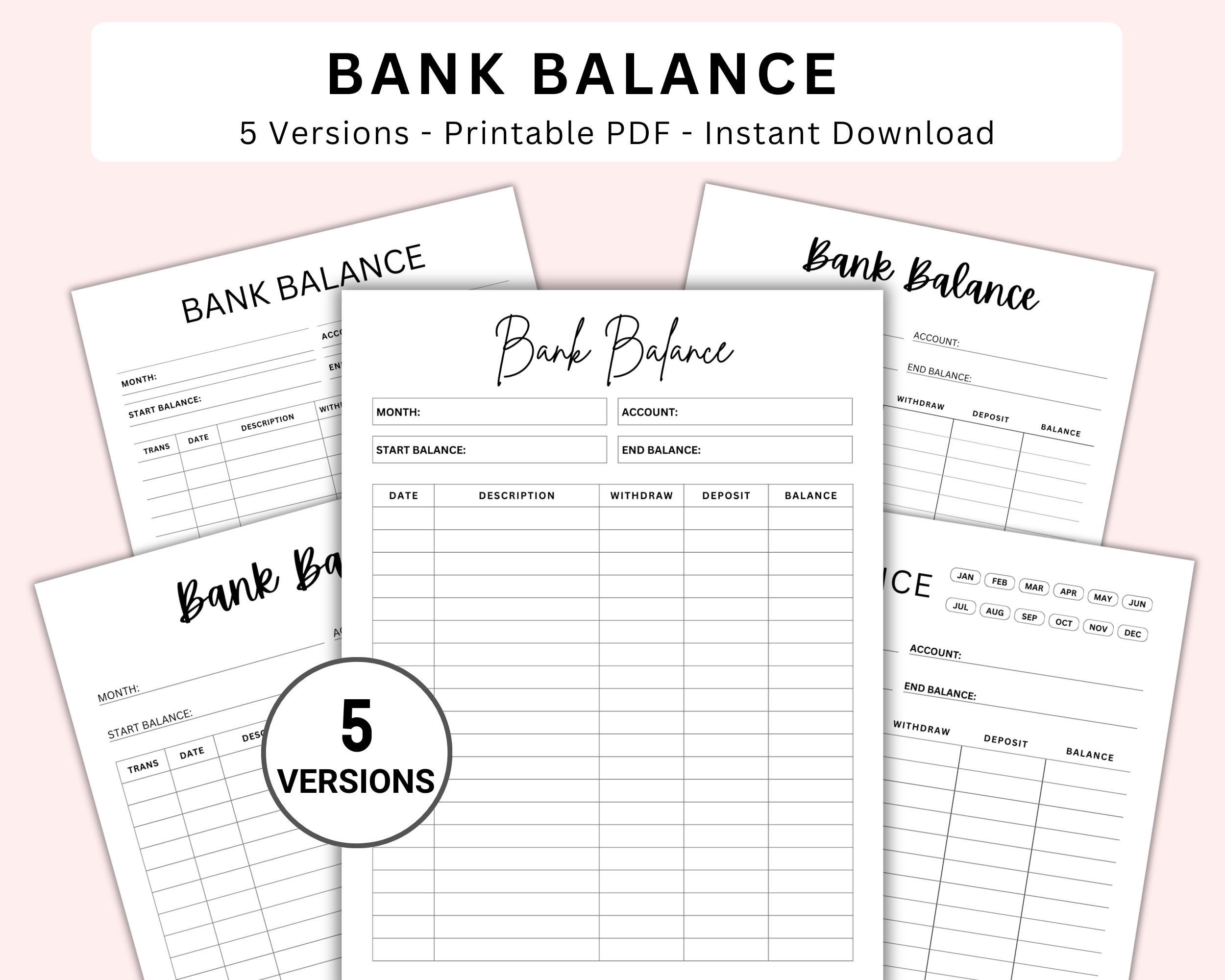 Bank Balance Tracker, Printable Finance Planner, Bank Account Log ...