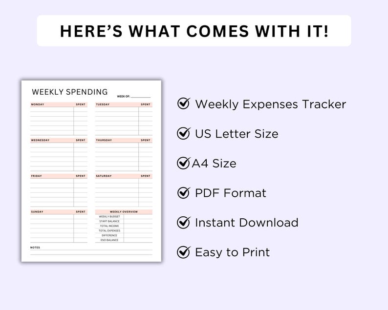 Weekly Spending Tracker Printable | Budget Planner Insert | Expense Log ...