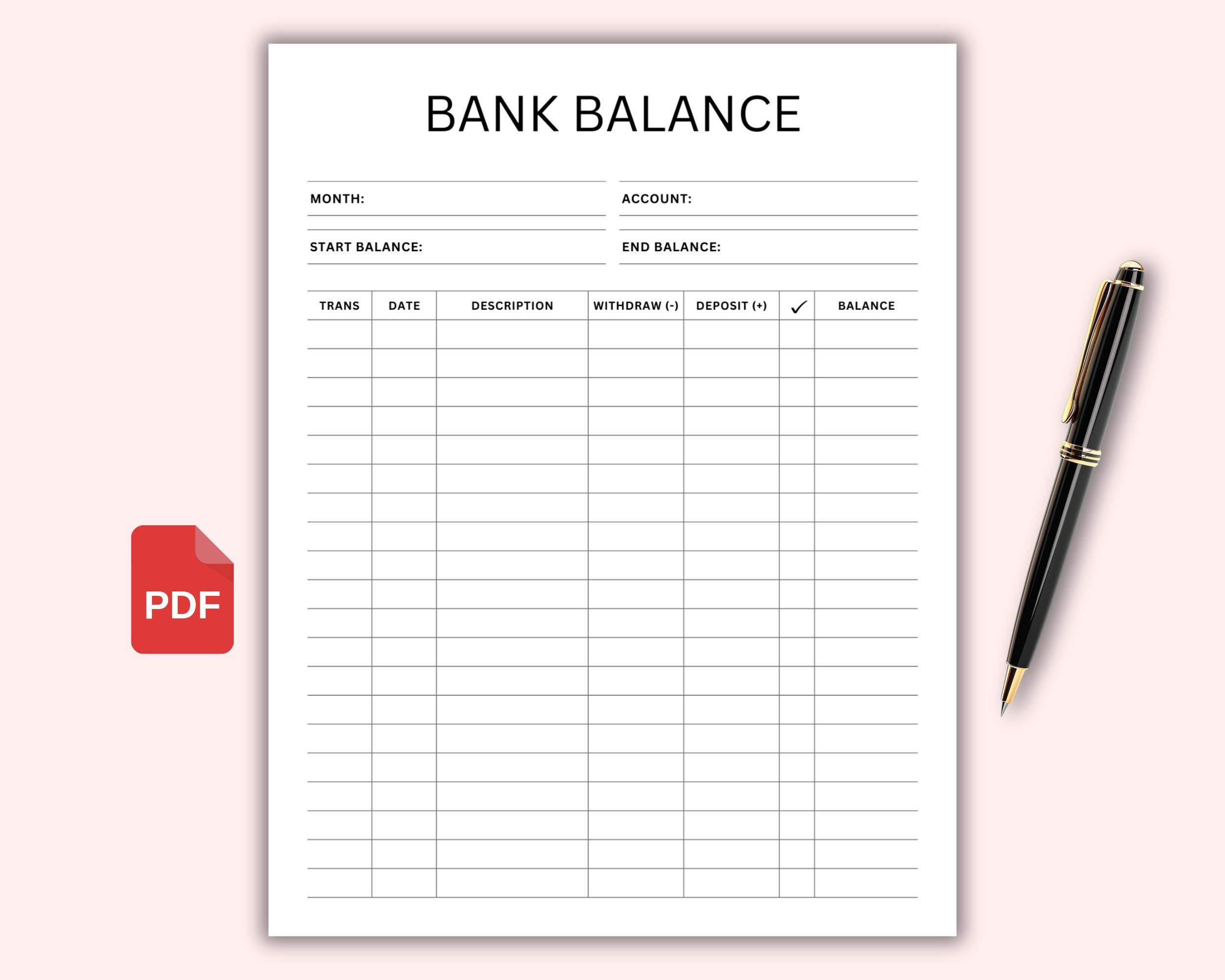 Bank Balance Tracker, Printable Finance Planner, Bank Account Log ...