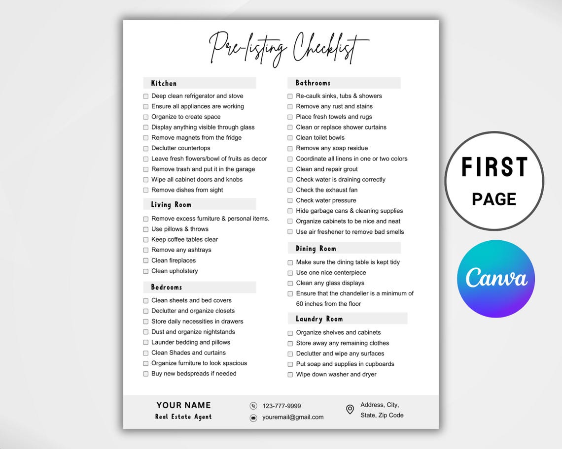 Pre-listing Checklist Templates, Home Seller Checklist, Real Estate ...