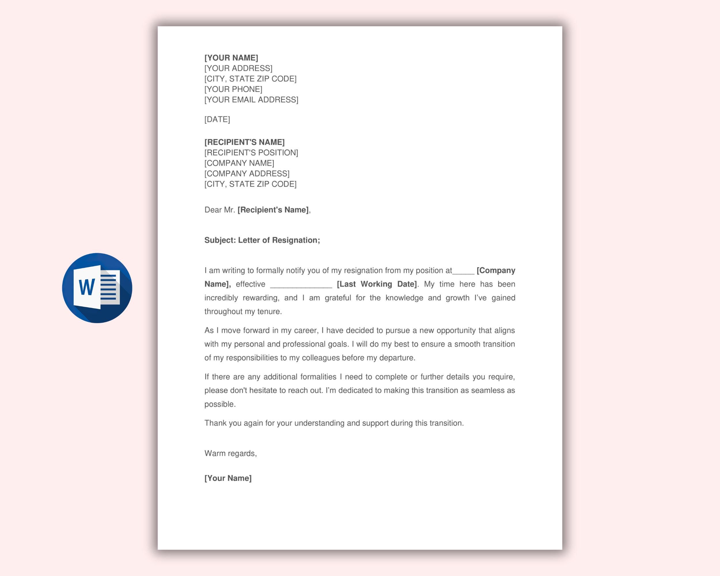 Professional Resignation Letter Template, Letter of Resignation ...