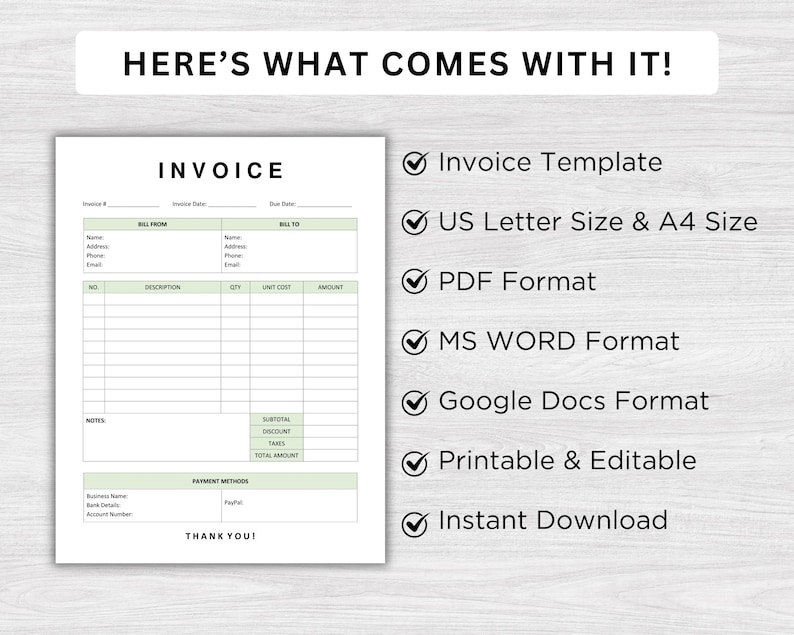 Editable Invoice Template Microsoft Word & Google Docs | Blank Invoice PDF | Custom Invoice ...