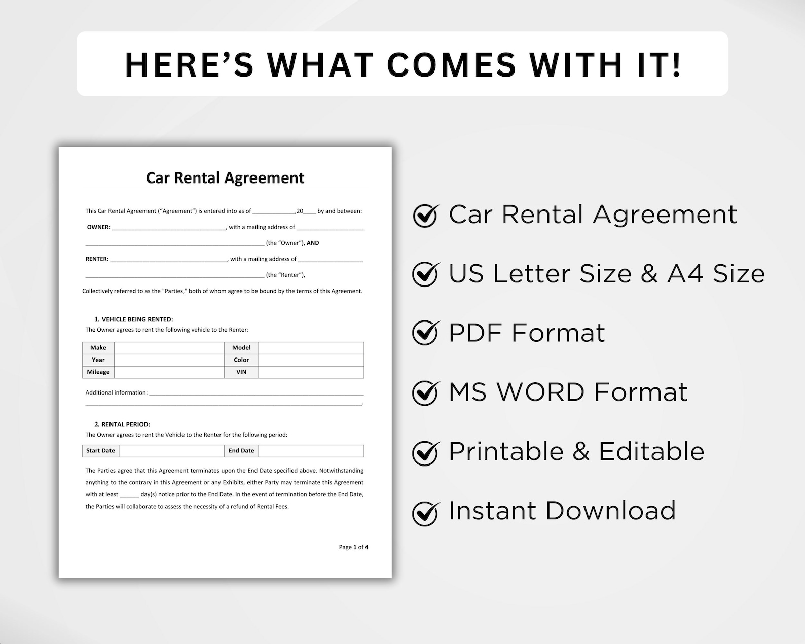 Editable Car Rental Agreement Template, Car Rental Contract, Auto ...