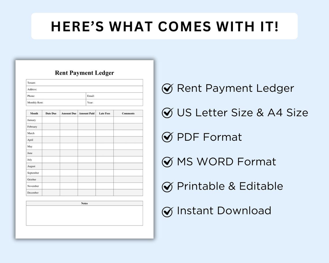 Rent Payment Ledger Printable, Monthly Rent Tracker, Landlord Rental ...