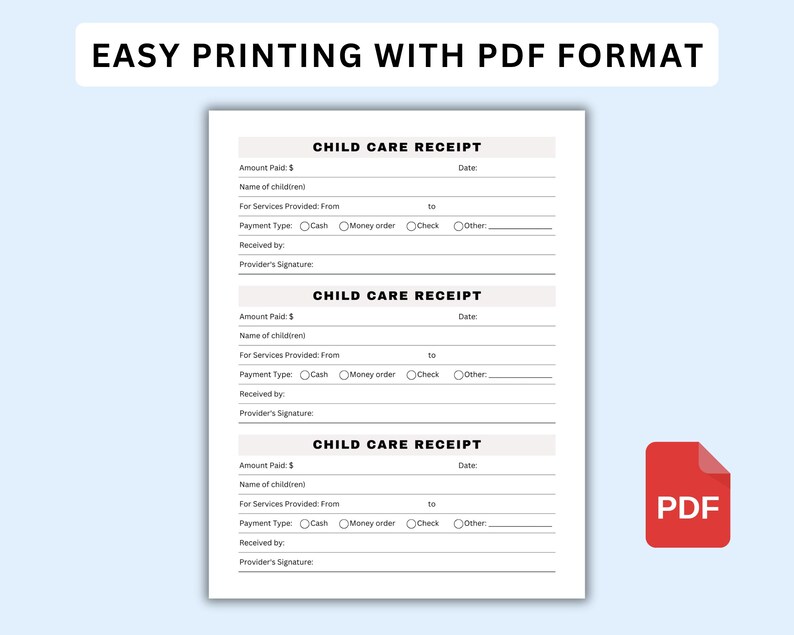 Child Care Receipt Printable, Daycare Payment Form, Daycare Receipt ...