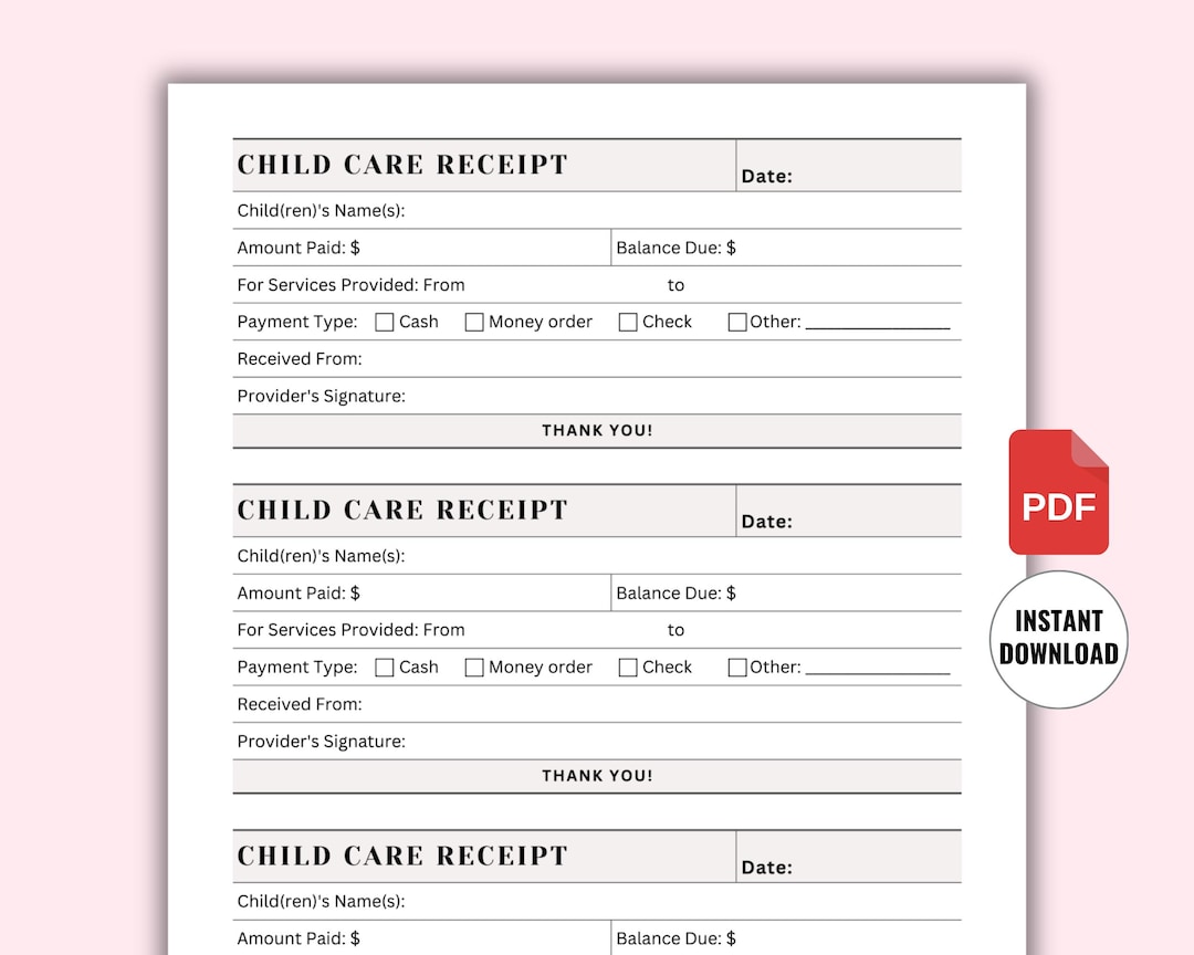 Child Care Receipt Printable, Daycare Payment Form, Daycare Receipt, Child Care Payment Form ...