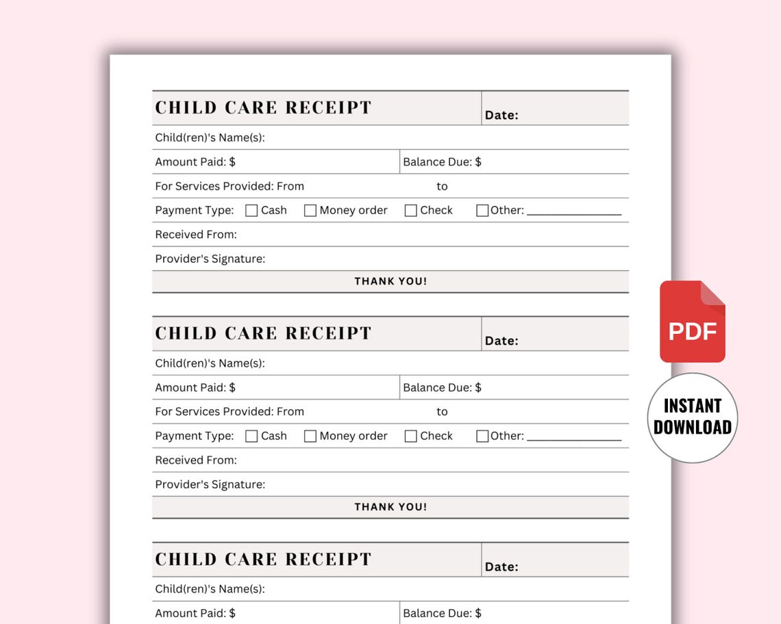 Child Care Receipt Printable, Daycare Payment Form, Daycare Receipt ...
