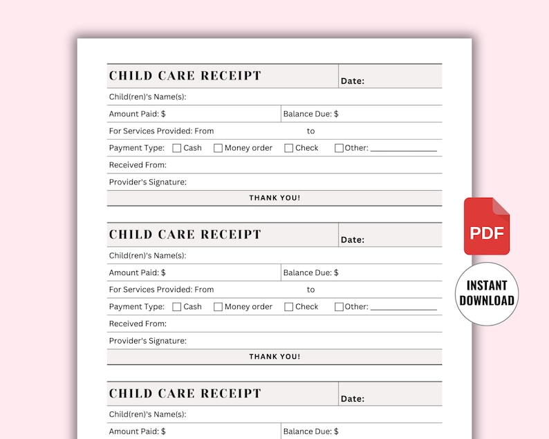 Child Care Receipt Printable, Daycare Payment Form, Daycare Receipt ...