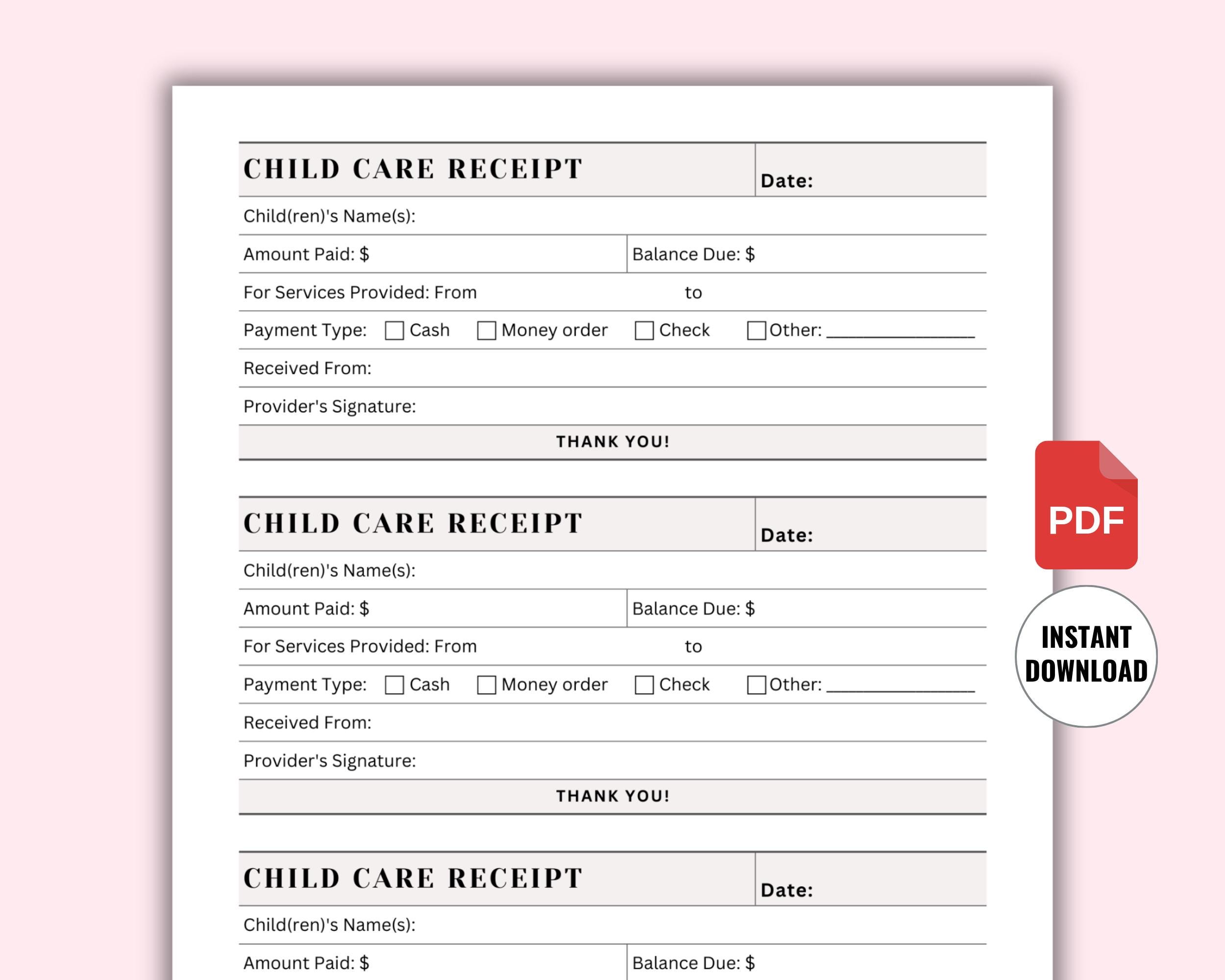 Child Care Receipt Printable, Daycare Payment Form, Daycare Receipt ...