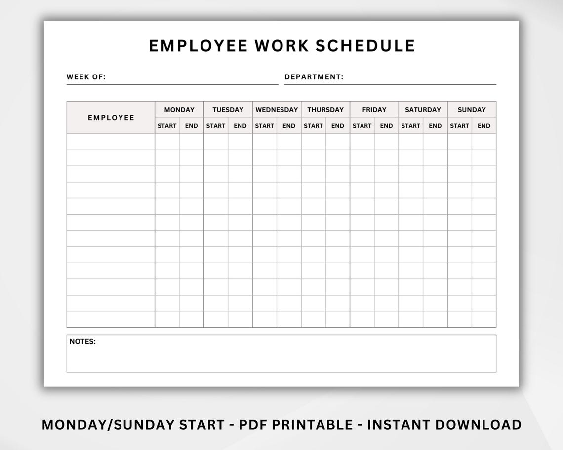 Weekly Employee Schedule Template, Printable Staff Timesheet, Weekly ...