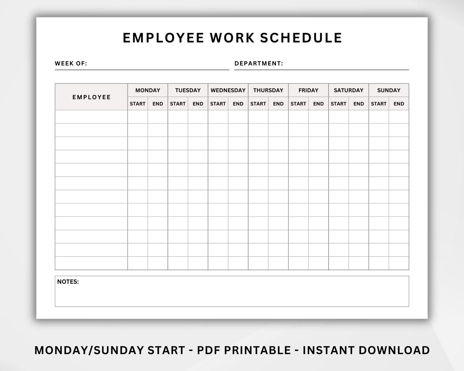 Weekly Employee Schedule Template, Printable Staff Timesheet, Weekly ...