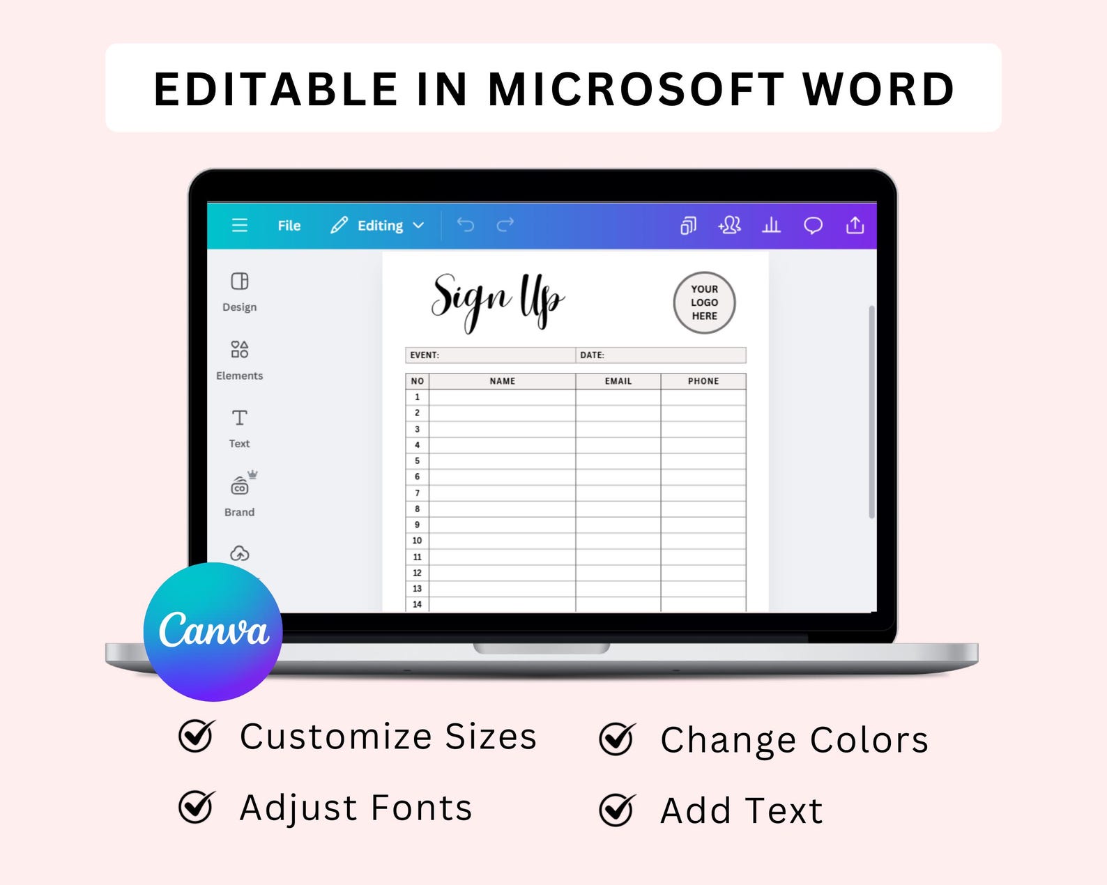 EDITABLE Sign up Sheet Template. Printable Event Sign up Sheet Form ...