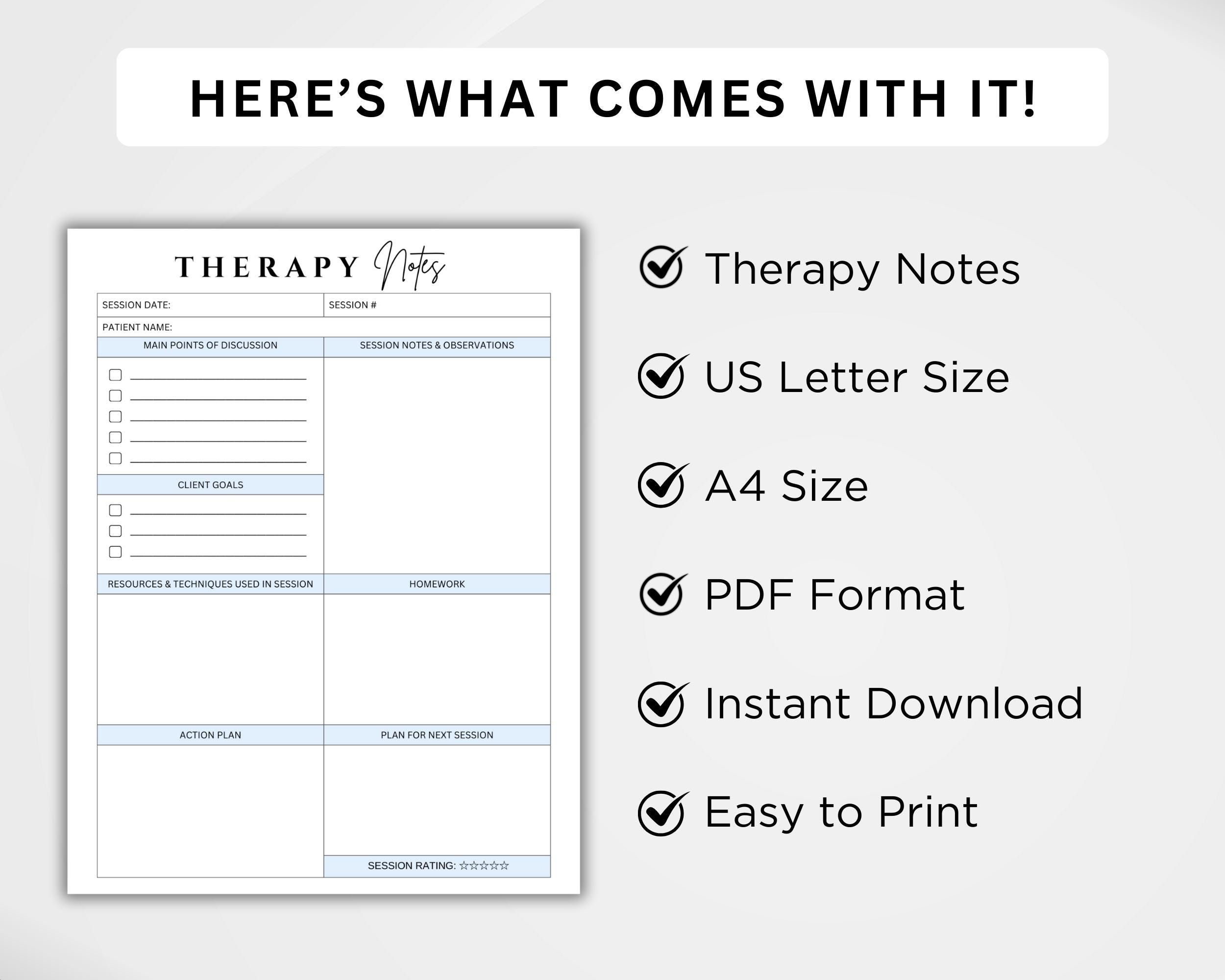 Therapy Session Notes Template Printable, Therapist & Psychologist ...