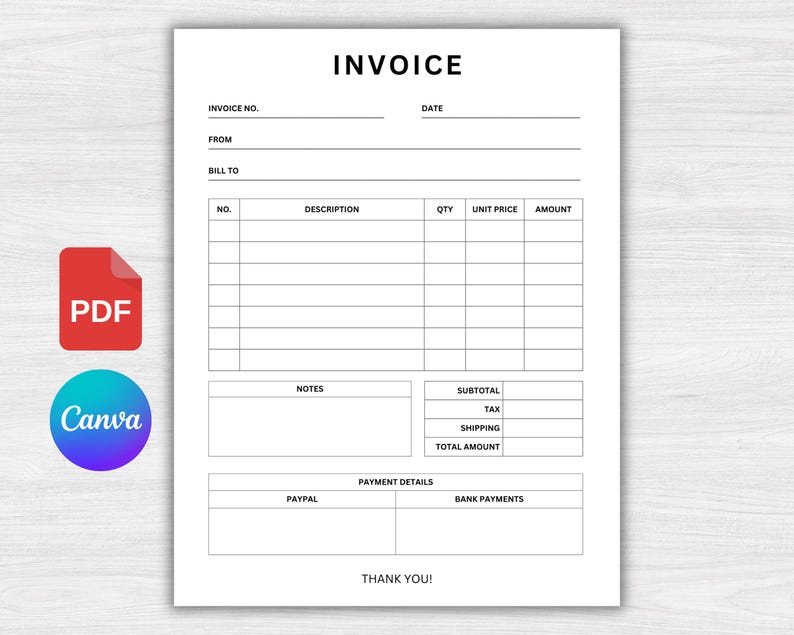 Editable Blank Invoice Template Canva Printable Professional Business ...