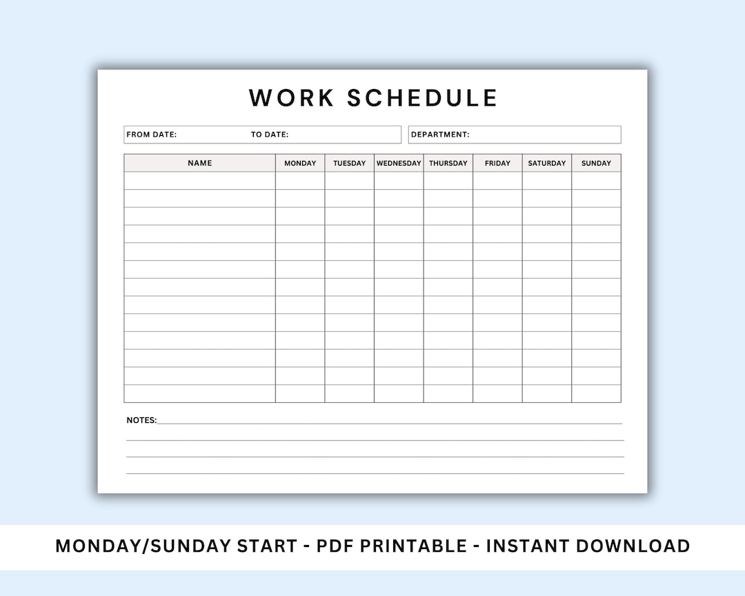 Employee Weekly Work Schedule Form Printable PDF. Instant Digital ...