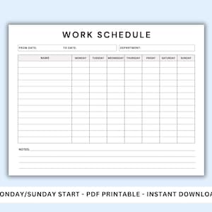 Employee Weekly Work Schedule Form Printable PDF. Instant Digital ...