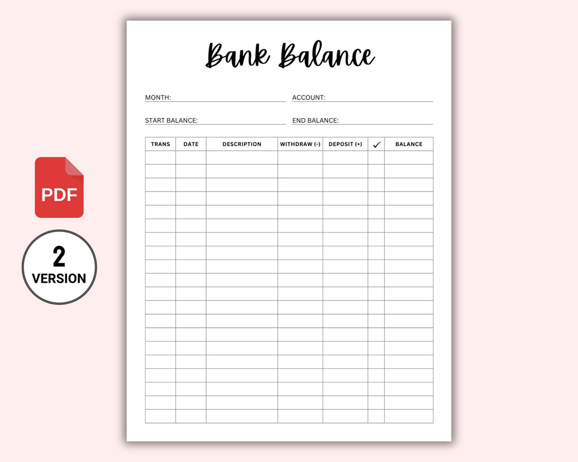 Bank Balance Tracker, Printable Finance Planner, Bank Account Log ...