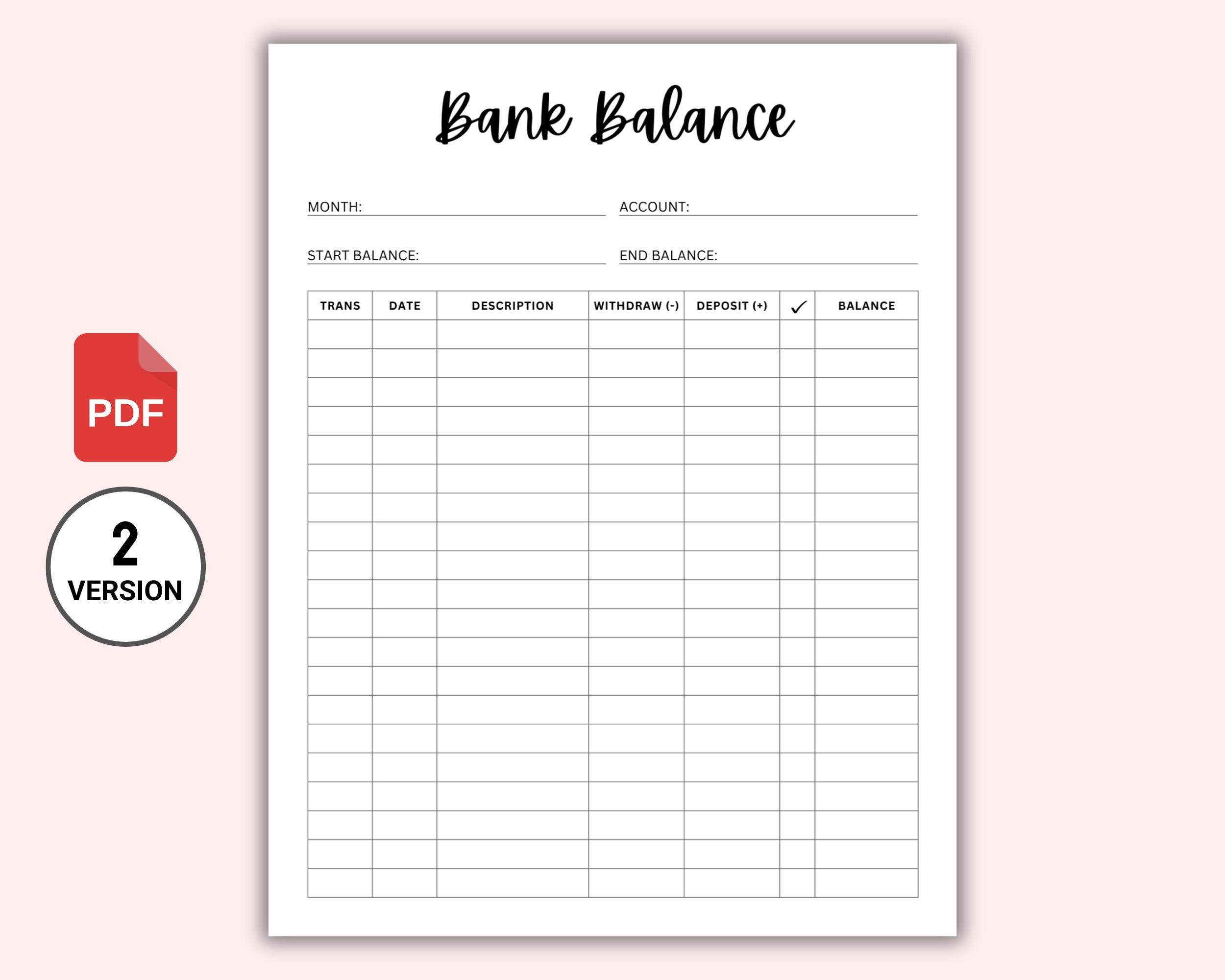 Bank Balance Tracker, Printable Finance Planner, Bank Account Log ...