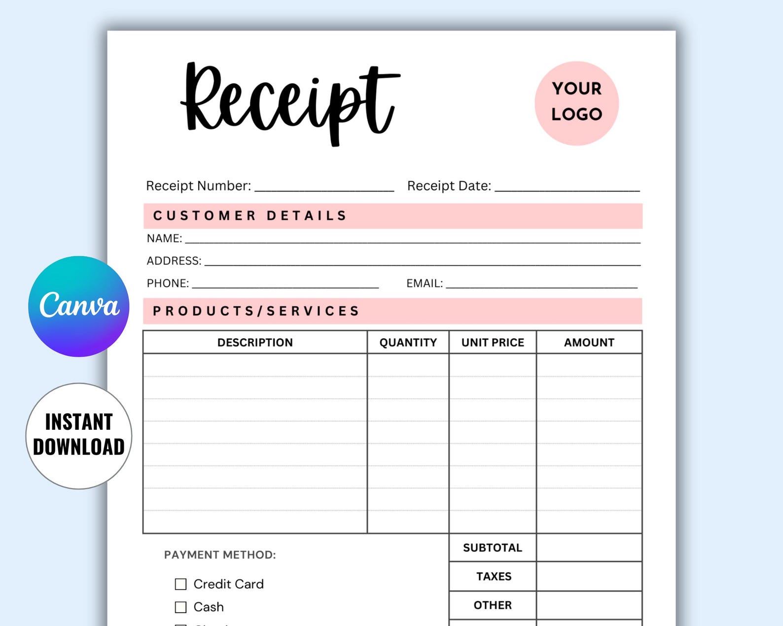 Receipt Template Printable, Billing Template, Small Business Digital ...