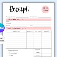 Editable Receipt Template. Small Business Digital Receipt. Receipt Form ...
