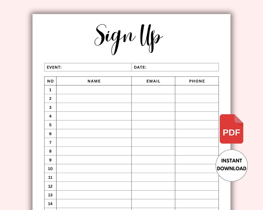 Sign up Sheet Template Printable. Event Sign up Sheet. Sign up Form ...