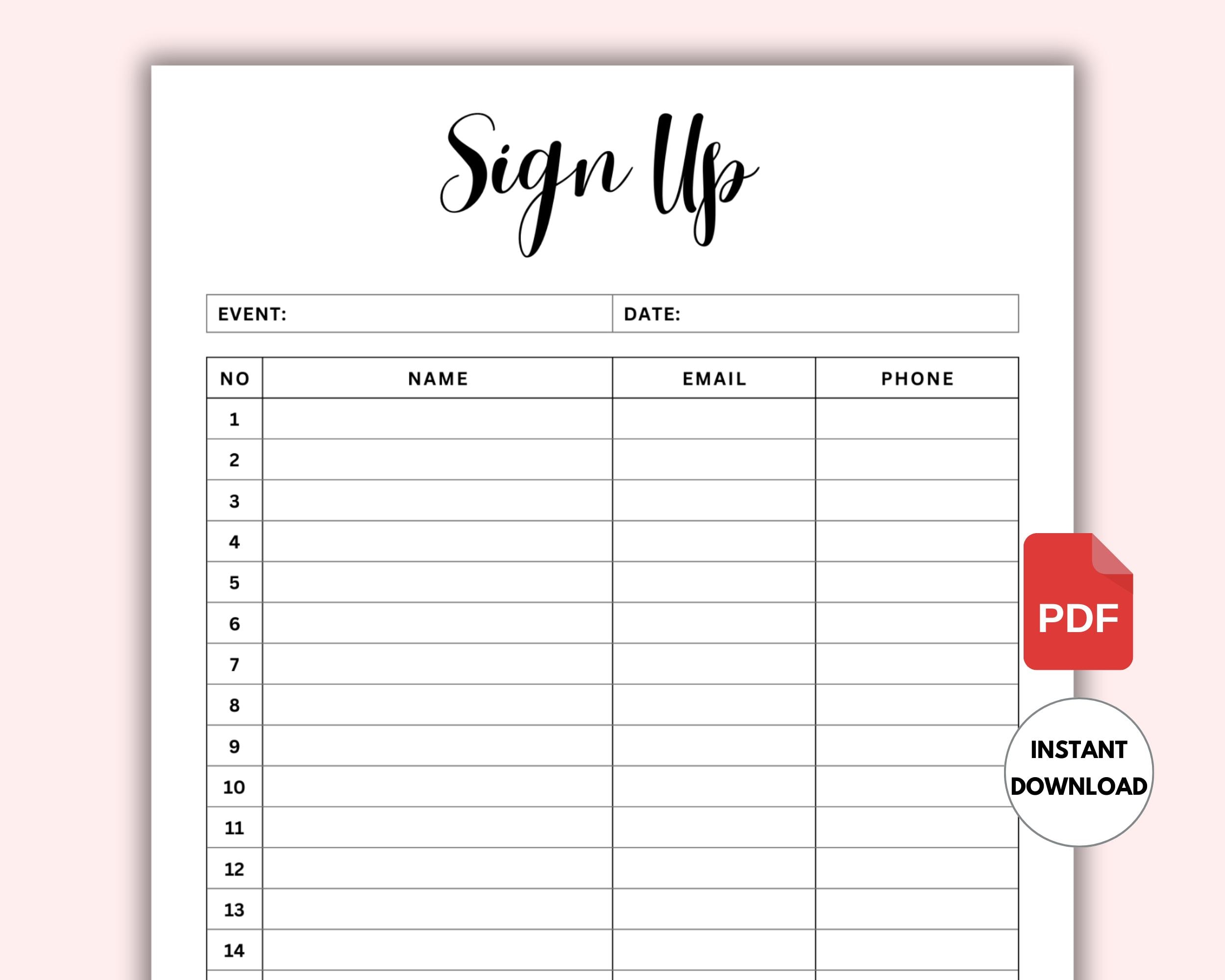 Sign up Sheet Template Printable. Event Sign up Sheet. Sign up Form ...