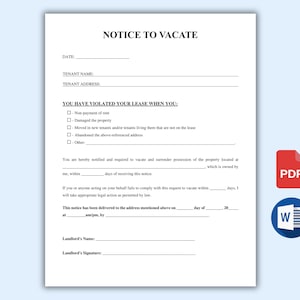 Printable Eviction Notice Template. Notice to Vacate Letter. Lease Termination Form. Landlord ...