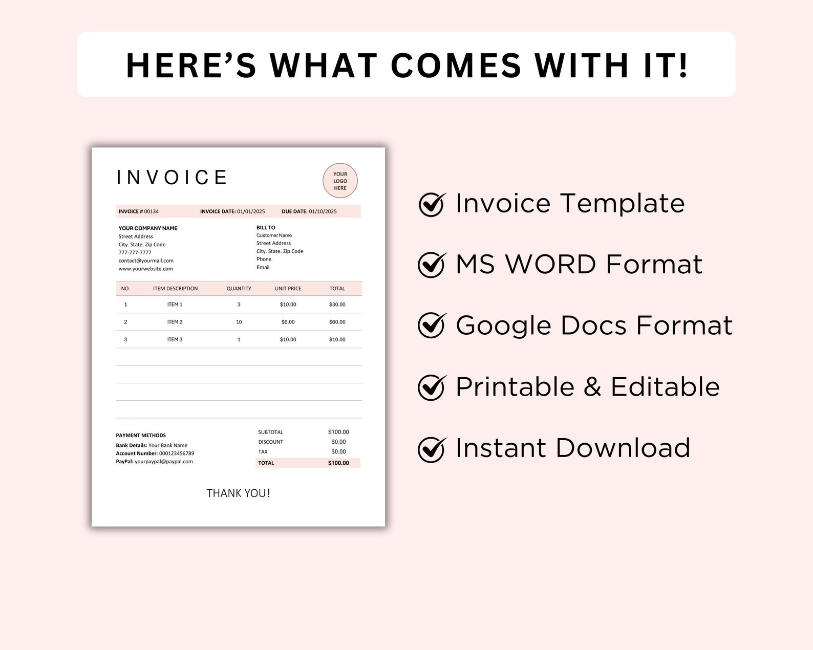 Editable Invoice Template. Small Business Billing Form. Printable ...