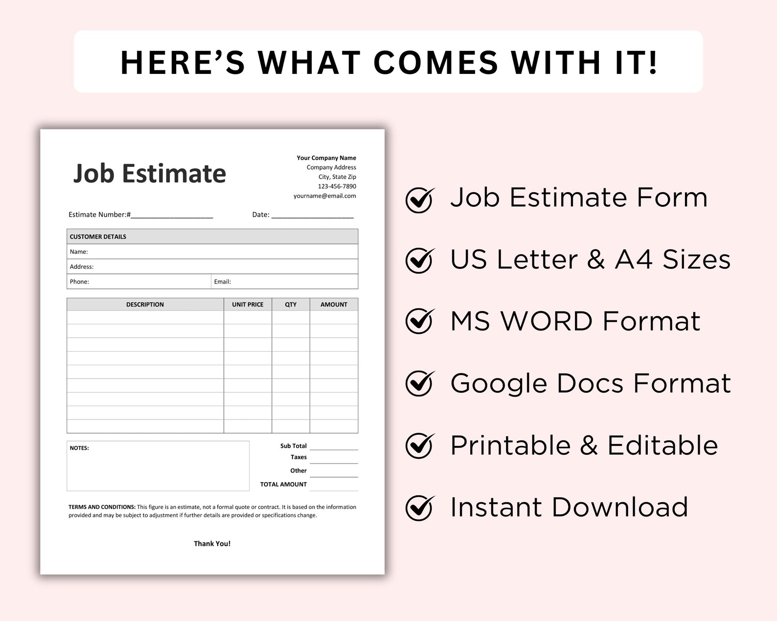 Printable Job Estimate Template. Simple Job Estimate Form. Job Proposal ...