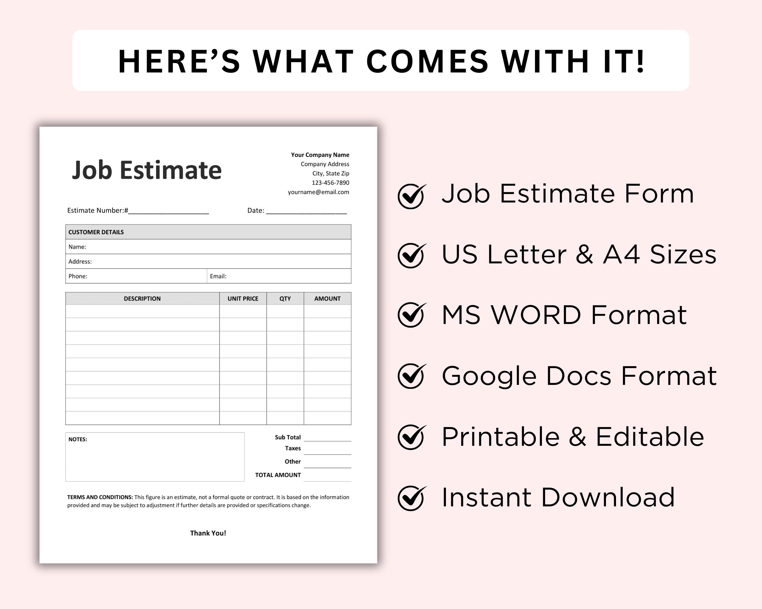 Printable Job Estimate Template. Simple Job Estimate Form. Job Proposal ...