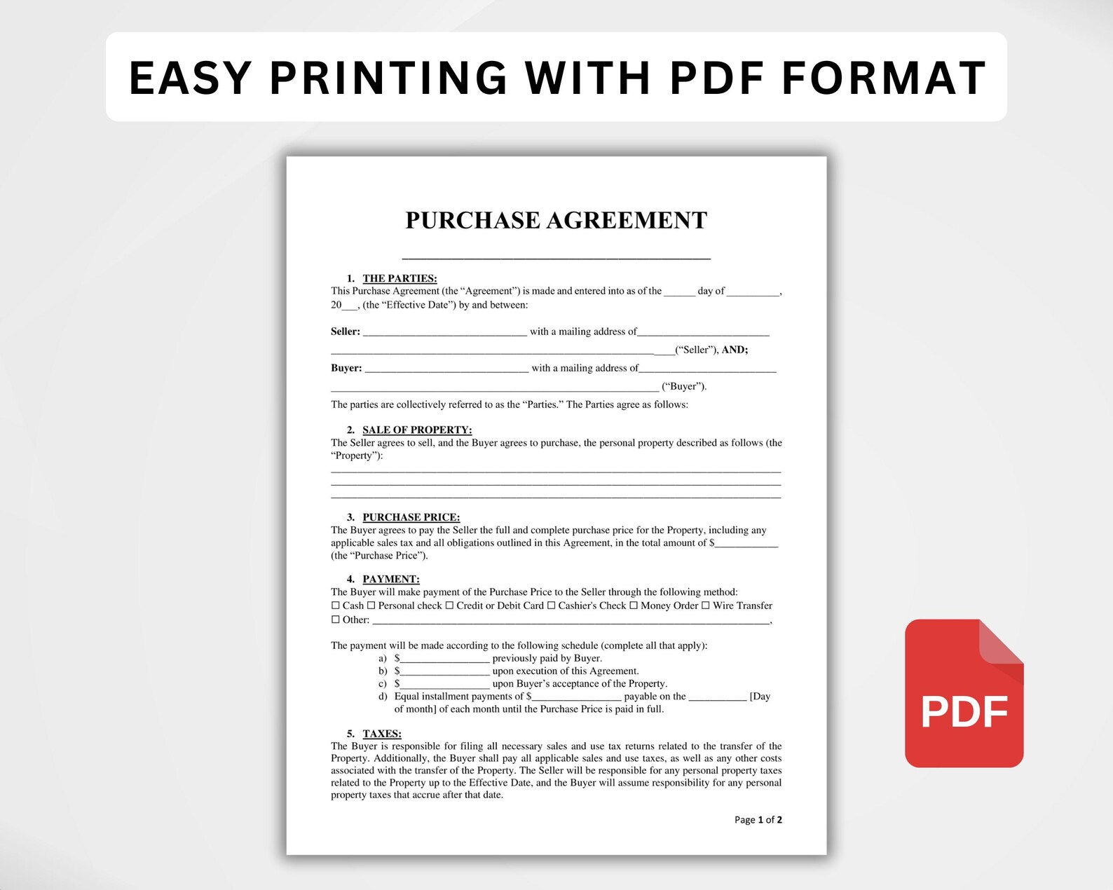 Printable Purchase Agreement Template, Editable Purchase and Sale ...