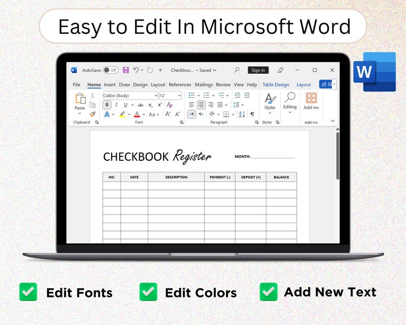 Printable Checkbook Register, Editable Bank Transaction Tracker, Check ...