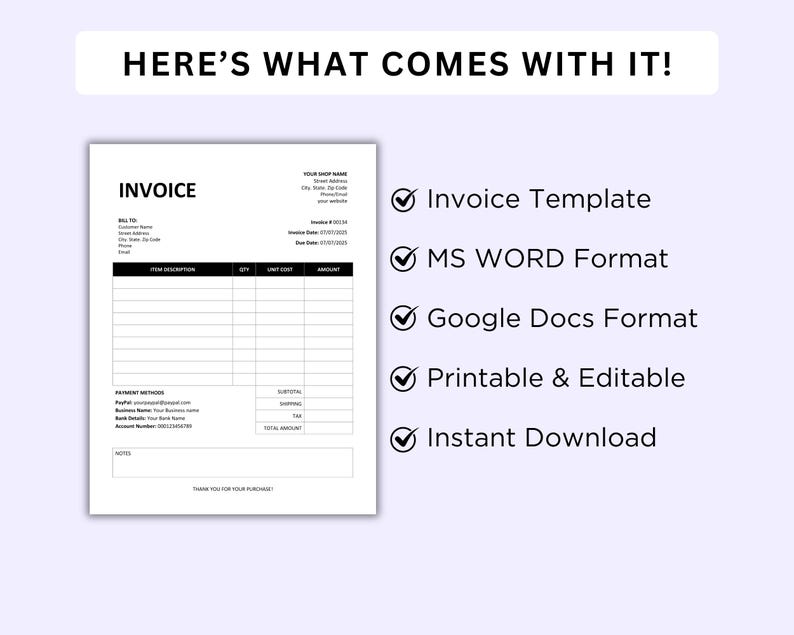 Editable Blank Invoice Template. Printable Invoice Form. Professional ...