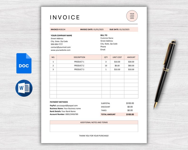 Invoice Template Printable, Billing Template, Editable Business Invoice ...