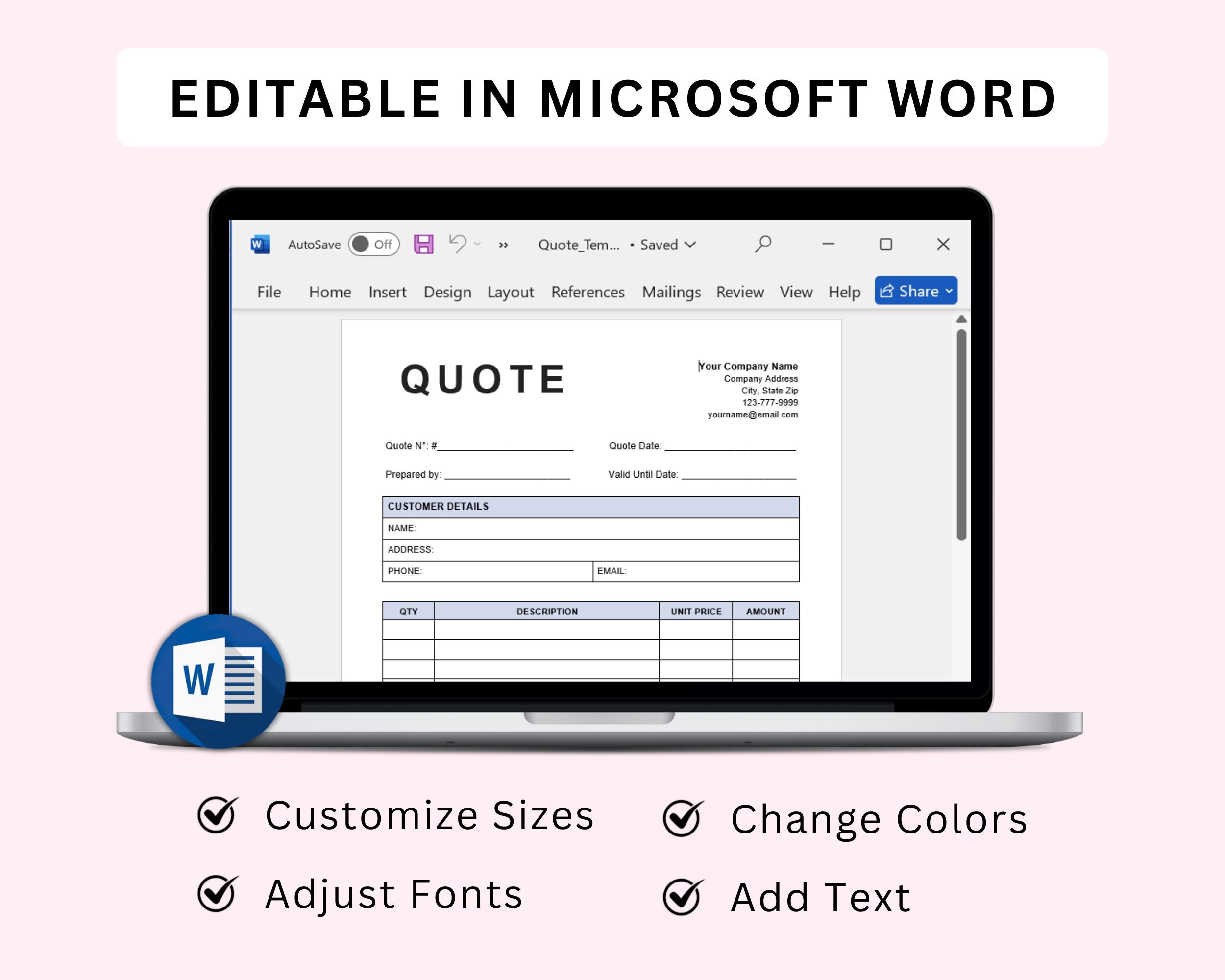 Editable Quote Template. Printable Price Quotation Form. Job Proposal ...