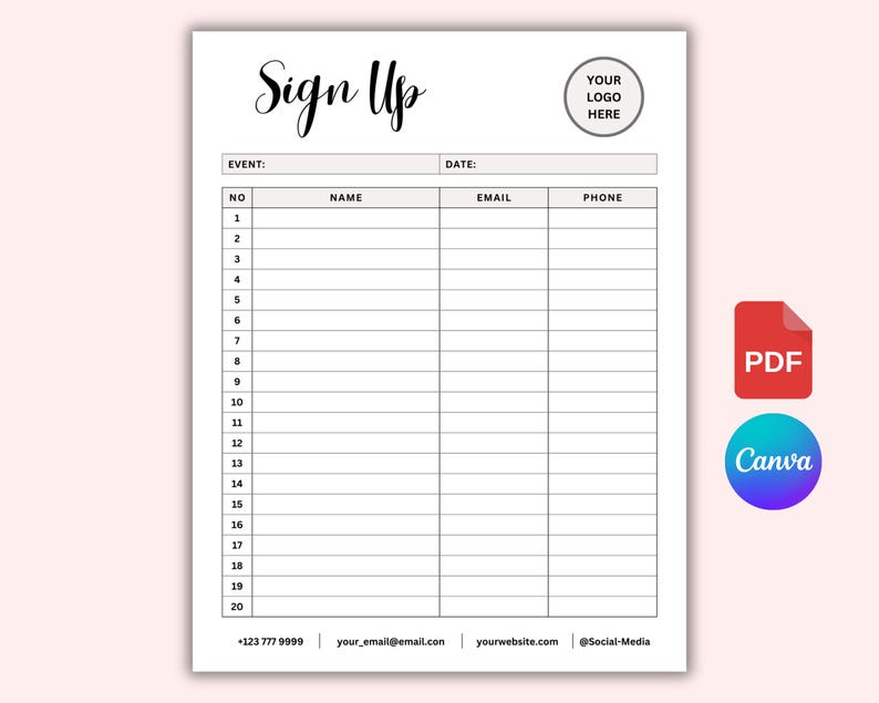EDITABLE Sign up Sheet Template. Printable Event Sign up Sheet Form ...