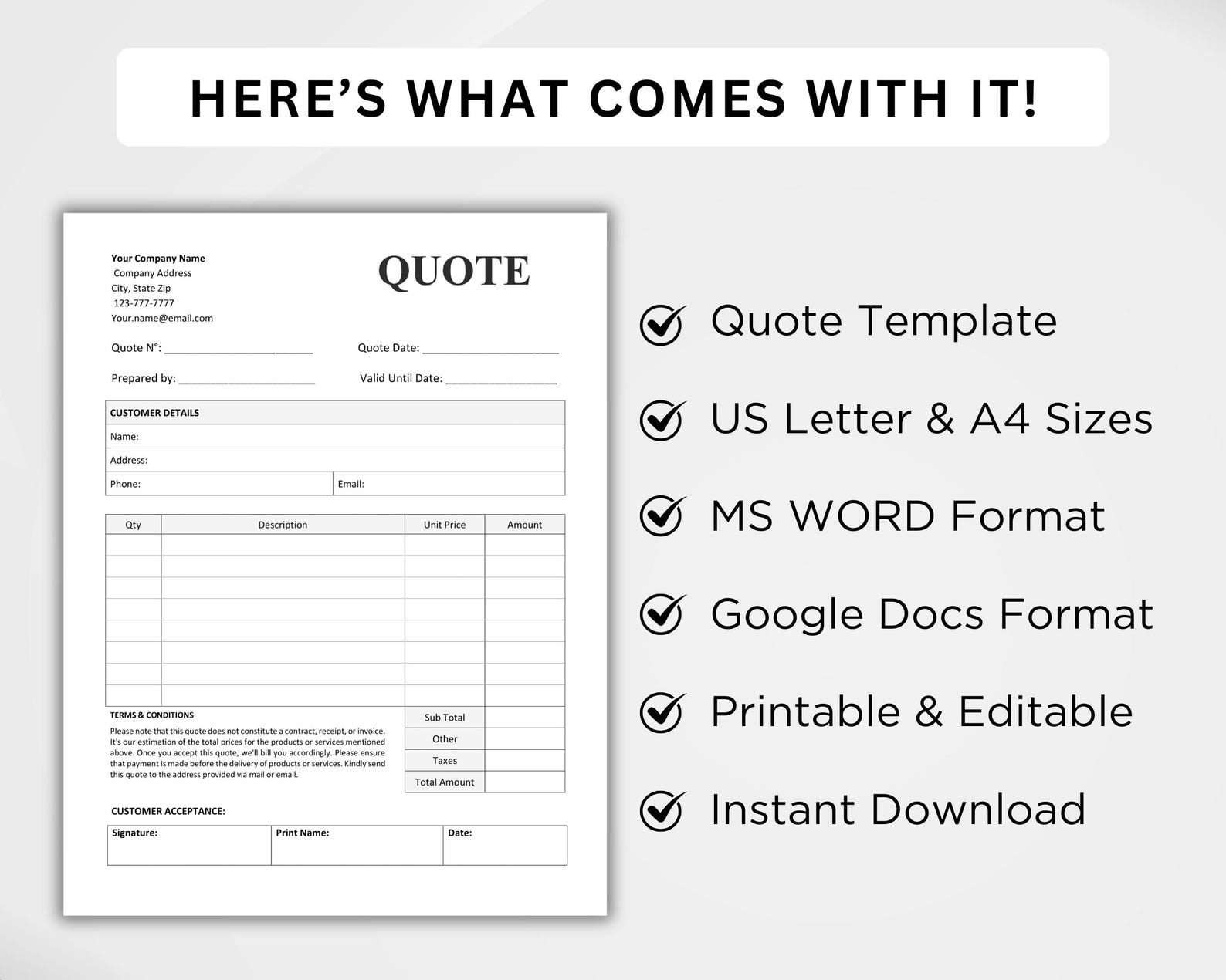 Quote Template Editable. Job Proposal Template. Price Quotation Sheet ...