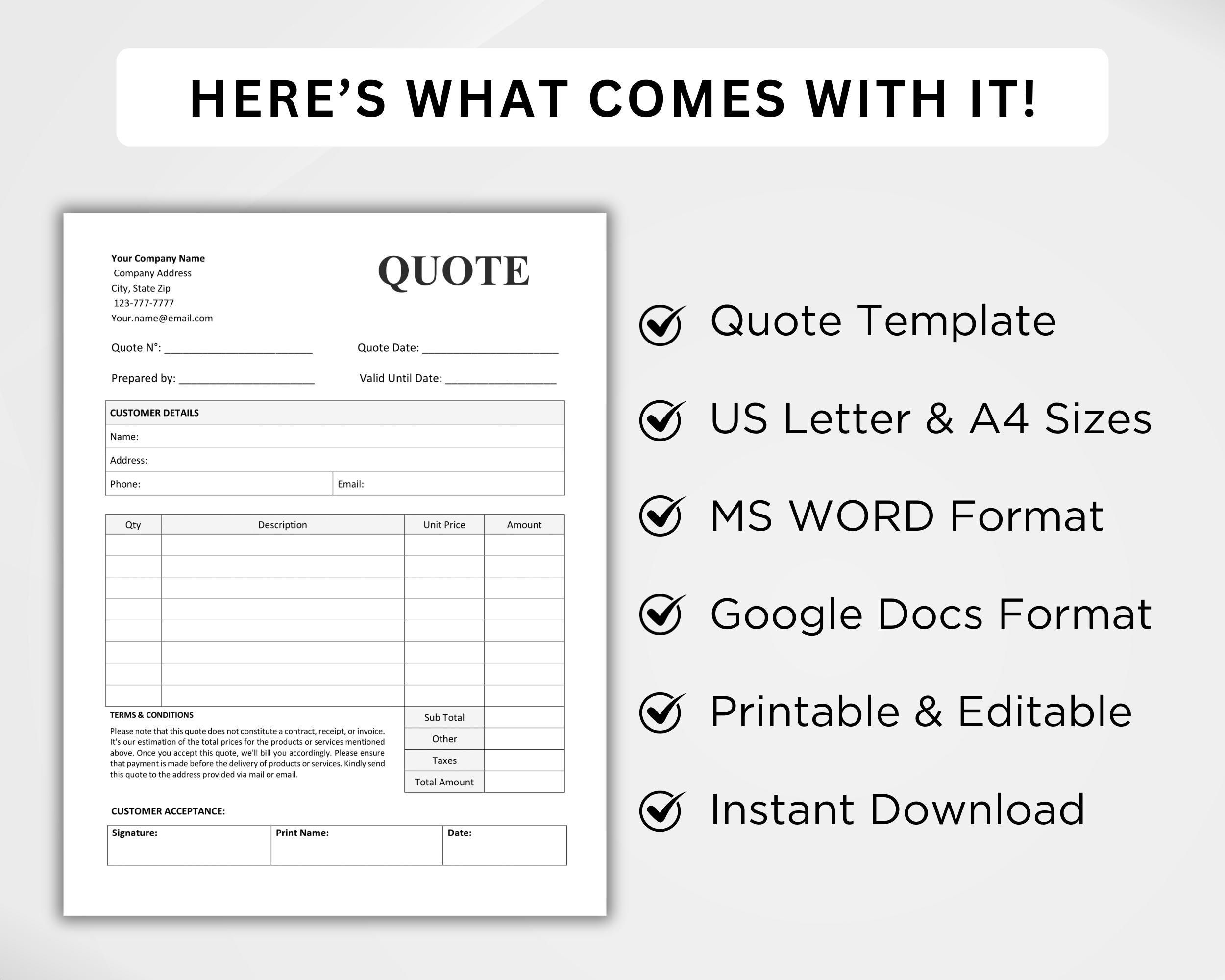 Quote Template Editable. Job Proposal Template. Price Quotation Sheet ...