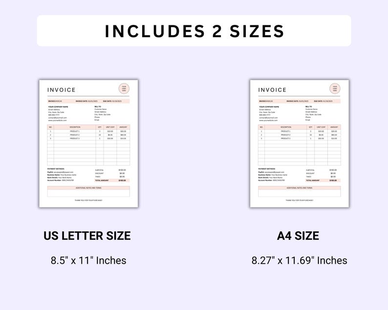 Editable Invoice Template: Printable Microsoft Word Invoice (A4 & US ...