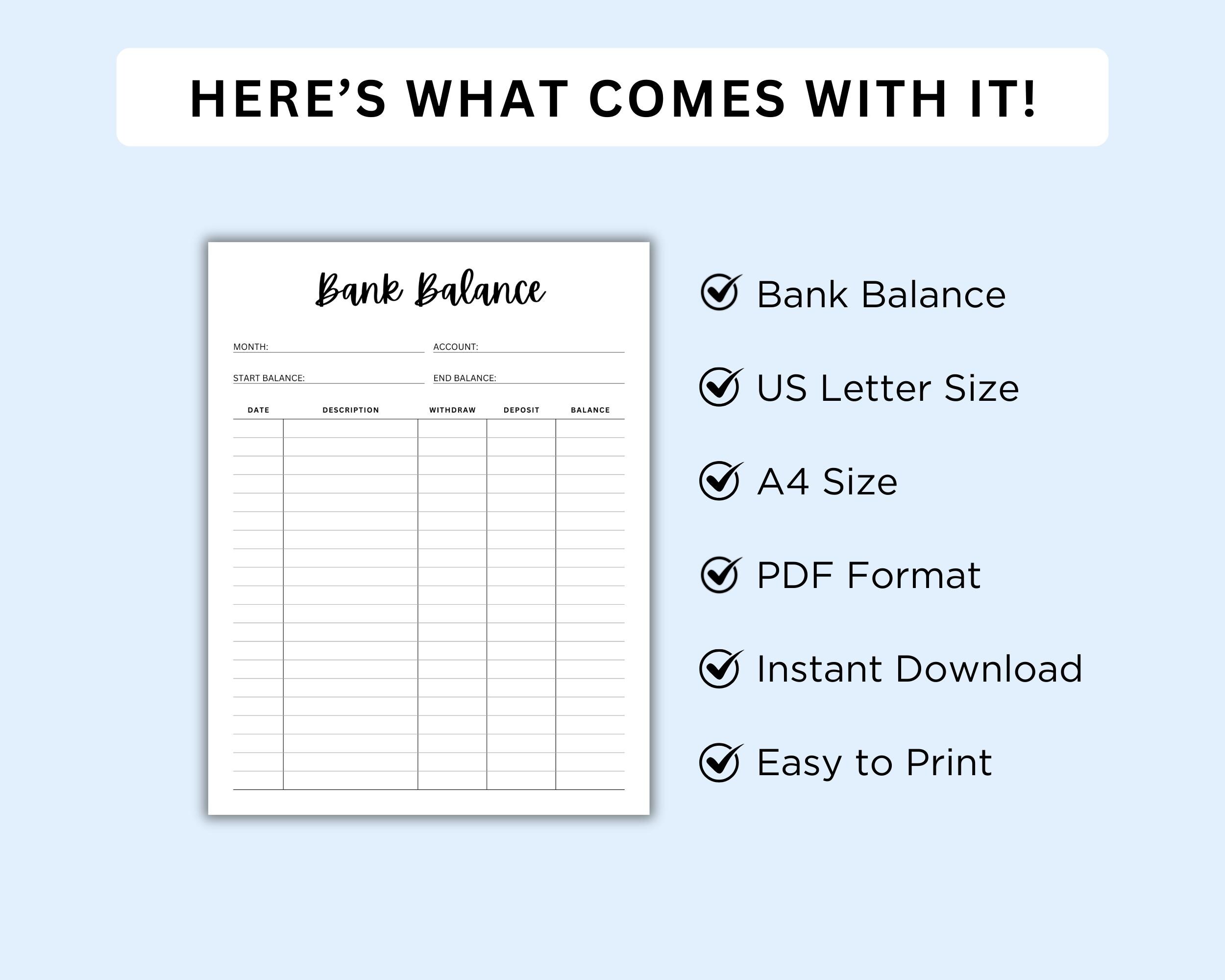 Printable Bank Balance. Bank Account Log. Savings Sheet. Banking Record ...