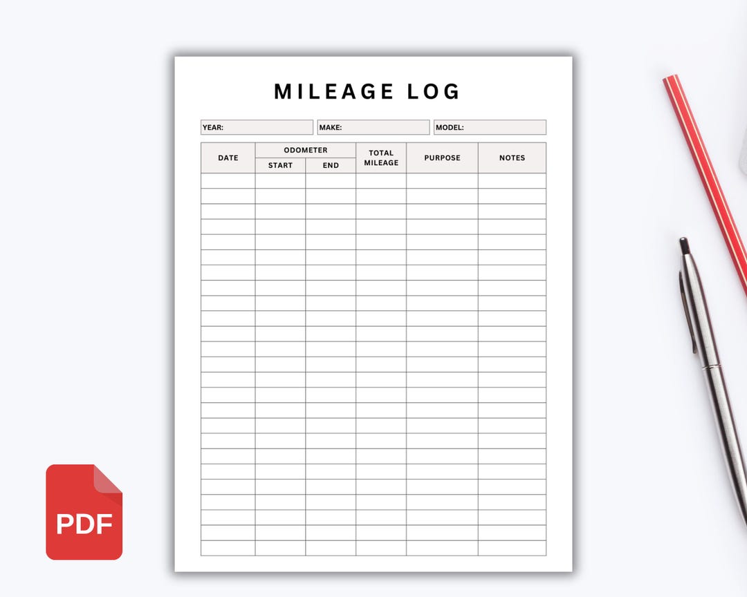 PRINTABLE Mileage Log. Miles Record. Odometer Tracker. Work Trip Miles ...