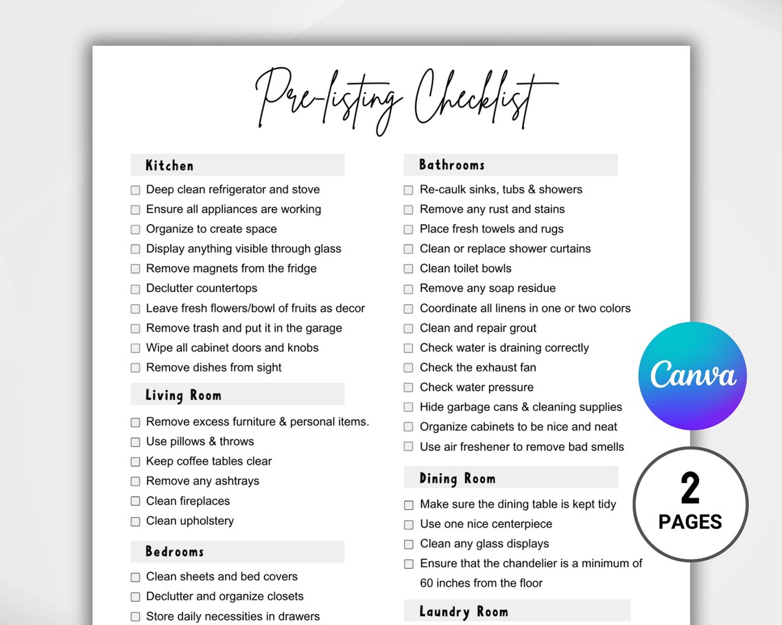 Pre-listing Checklist Templates, Home Seller Checklist, Real Estate ...