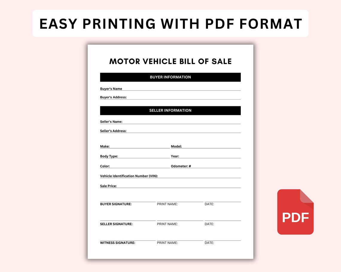 Printable Vehicle Bill of Sale Contract Template, Vehicle Bill of Sale ...